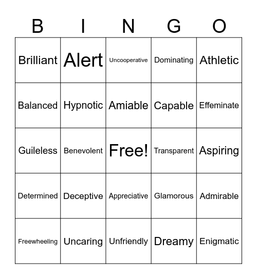 Personality Traits Bingo Card