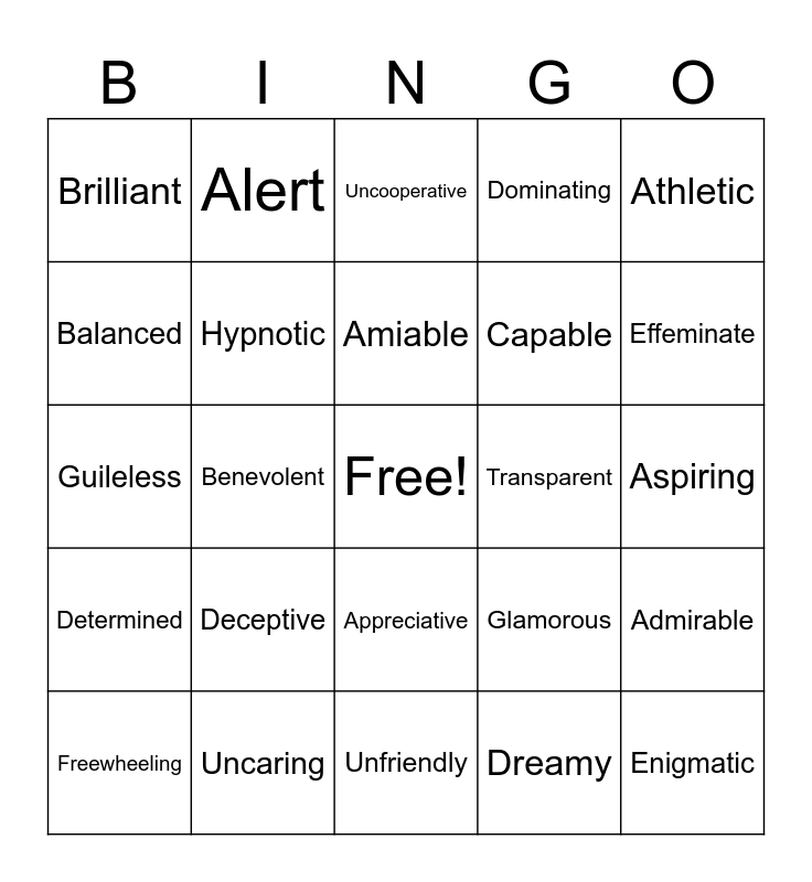 Personality Traits Bingo Card