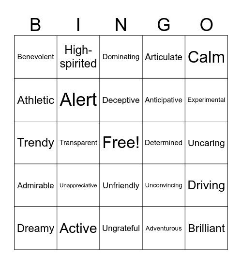 Personality Traits Bingo Card