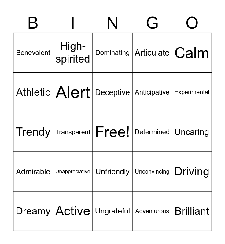 Personality Traits Bingo Card