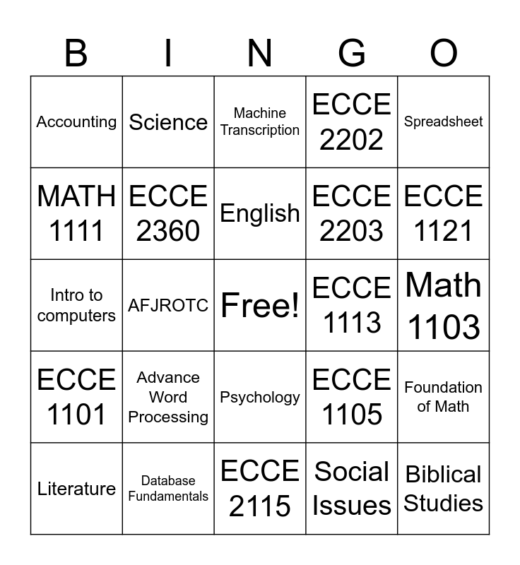 She Took Which Classes? Bingo Card