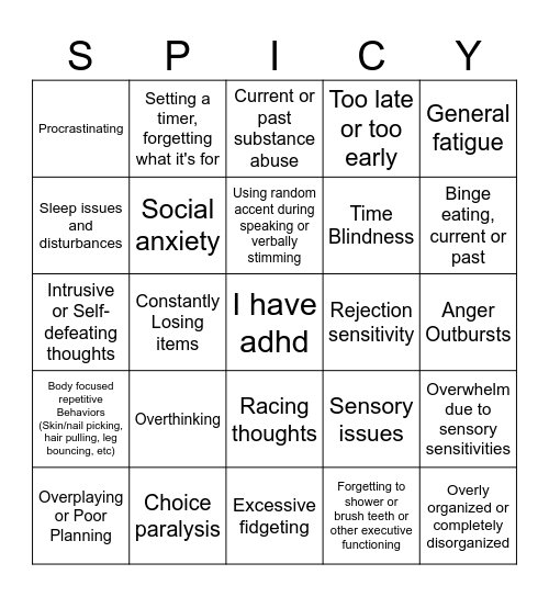ADHD Bingo Card