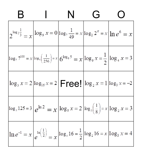 Logarithms and Exponential Equations Bingo Card