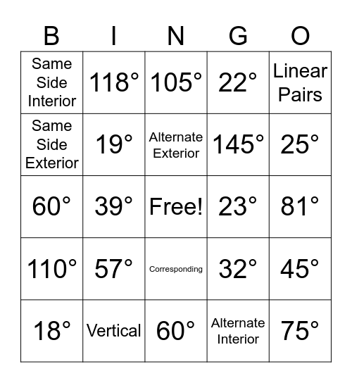 Parallel Lines and Transversals Bingo Card