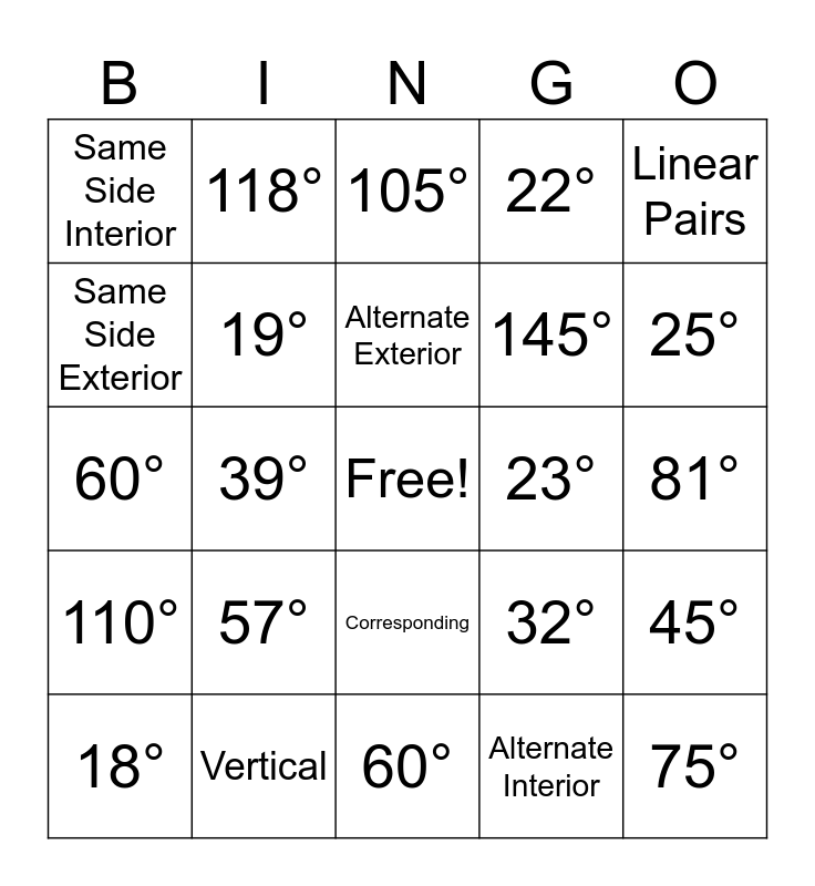 Parallel Lines and Transversals Bingo Card