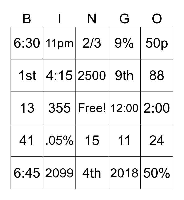 Numbers Bingo Card