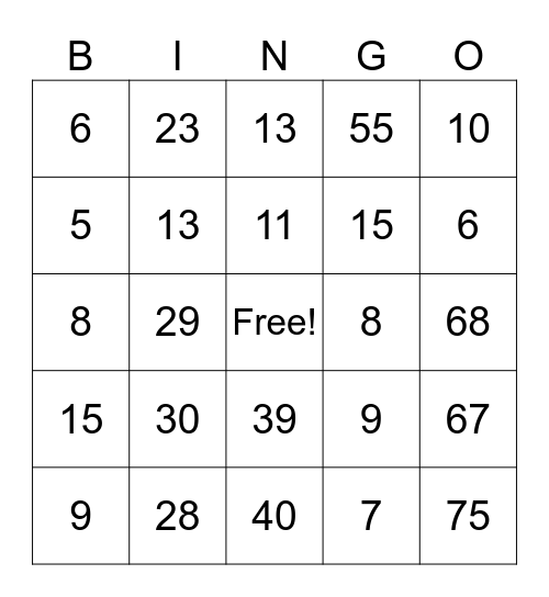 Number Bingo 1-20 Bingo Card