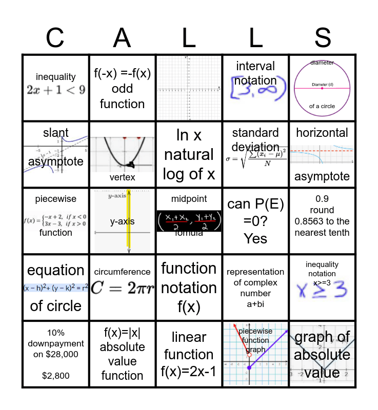 Math Awareness BINGO CALLS Bingo Card