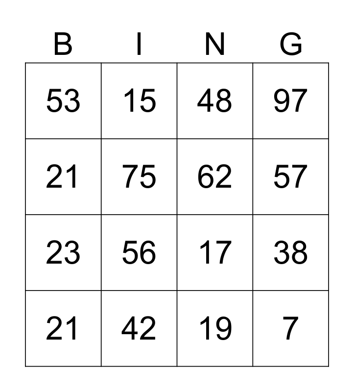 Nummer 1-50 Bingo Card