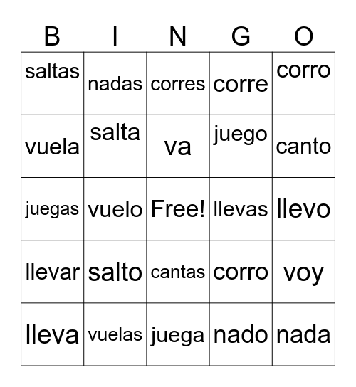 Spanish Verbs Bingo Card