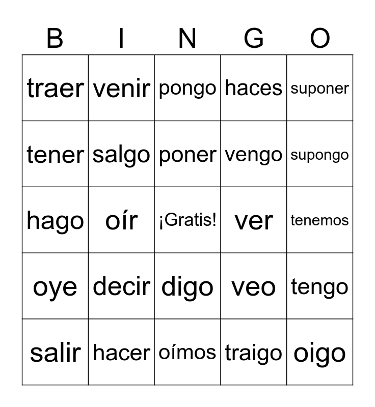 Verbs with irregular yo forms Bingo Card