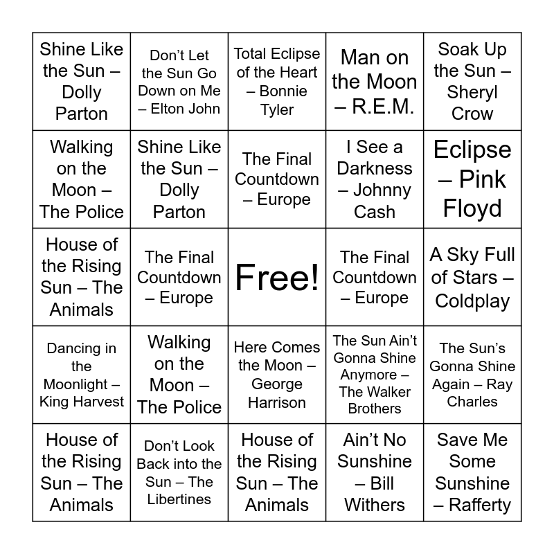 Solar Eclipse Music Bingo! Bingo Card