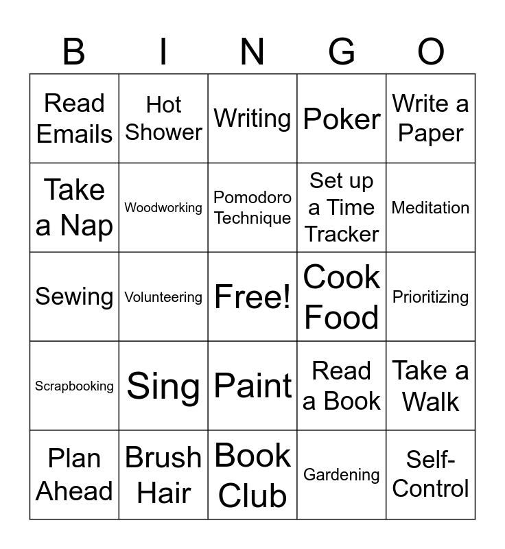 Time Management Bingo Card