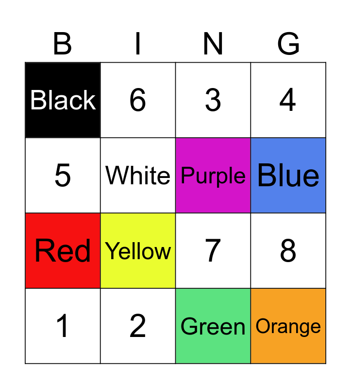 Colours and numbers Bingo Card