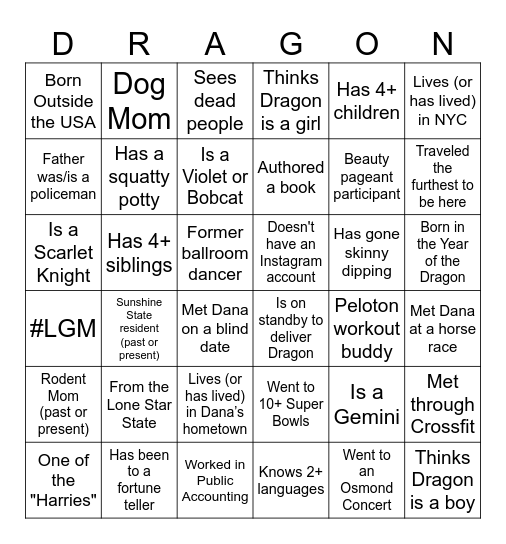 Dragon Bingo Card