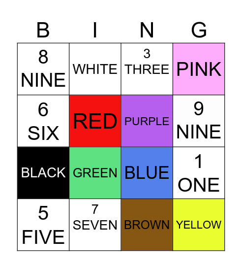 Colours and numbers Bingo Card