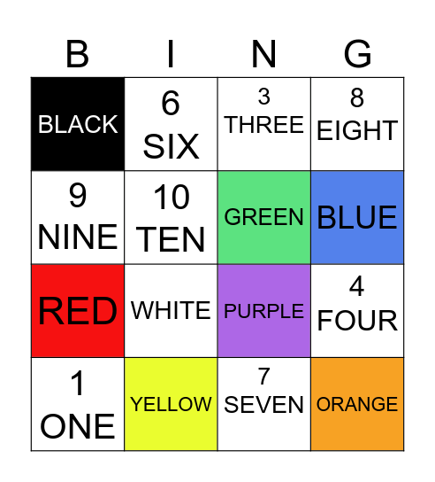 Colours and numbers Bingo Card
