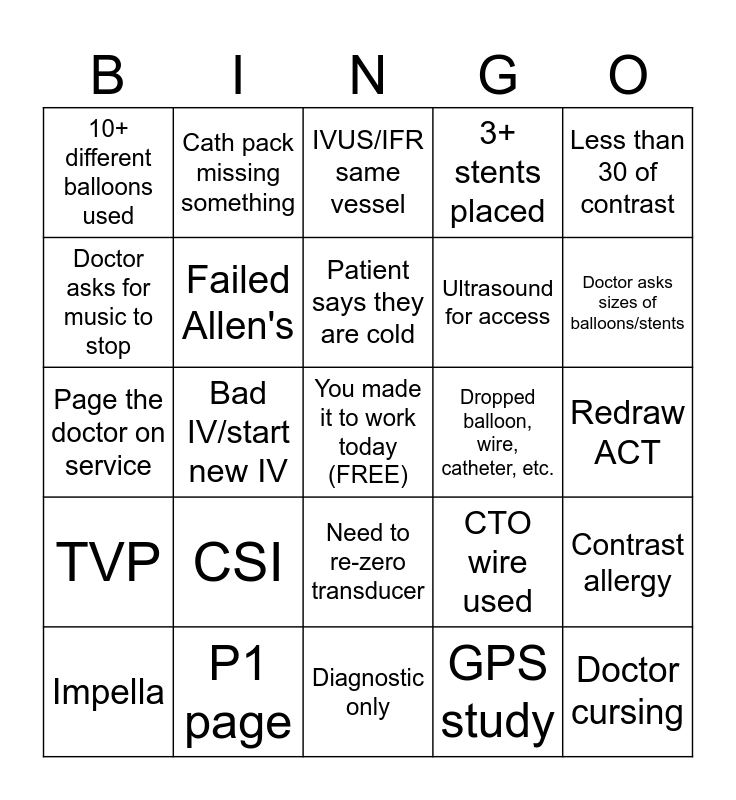 Cath Lab Bingo Card