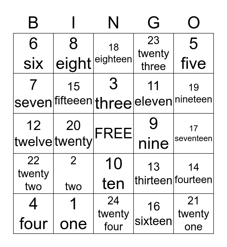 Numbers 1-24 Bingo Card
