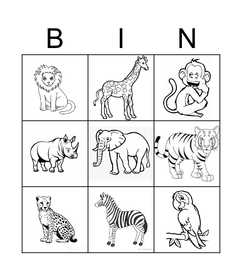 Safari animals Bingo Card