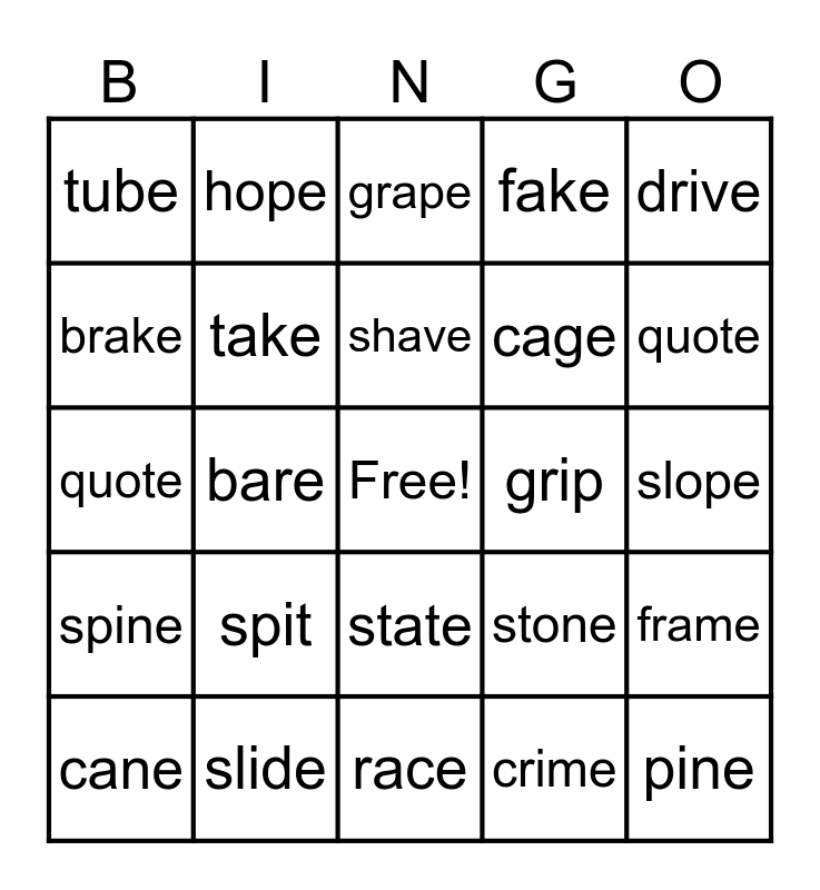 Vce, Silent e, Magic e, Grandma e Bingo Card
