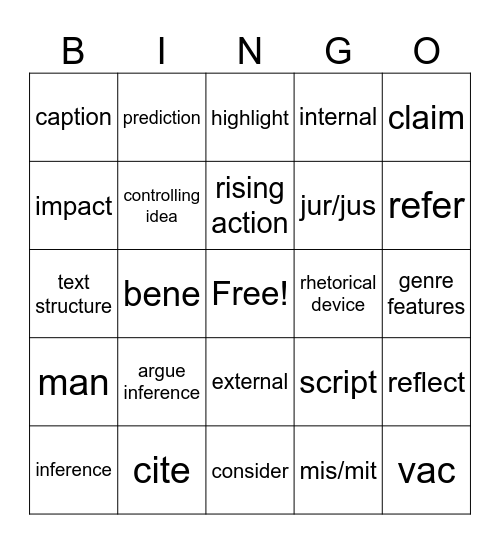 STAAR RLA BINGO Middle School Bingo Card