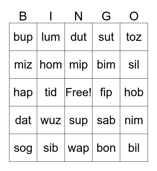 Nonsense Word Bingo Card