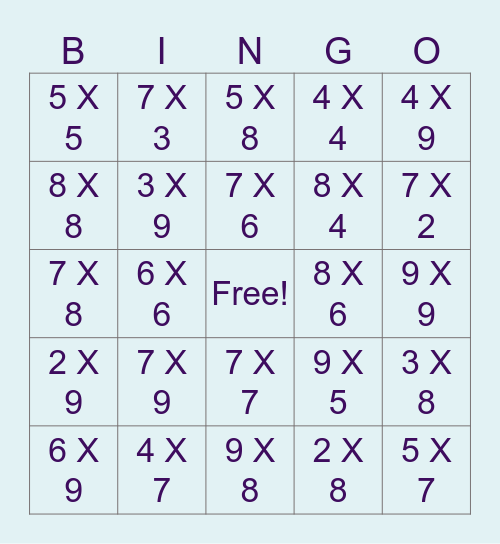 Multiplication Bingo Card