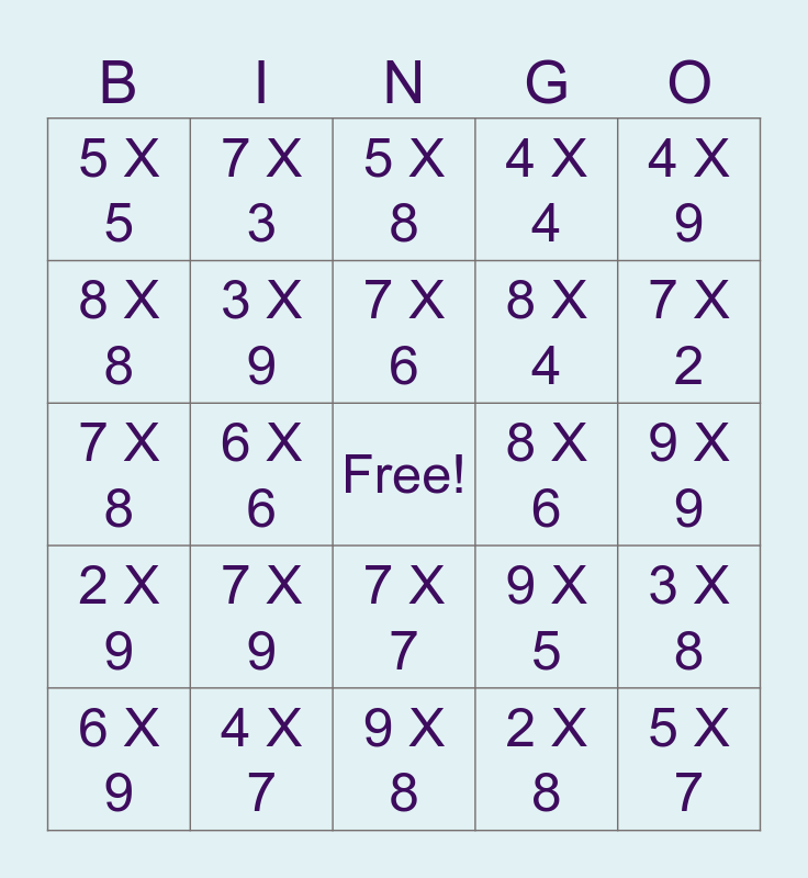 Multiplication Bingo Card