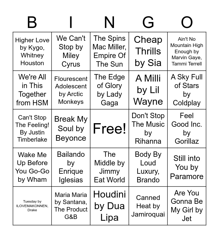 Tuesday Bingo Card