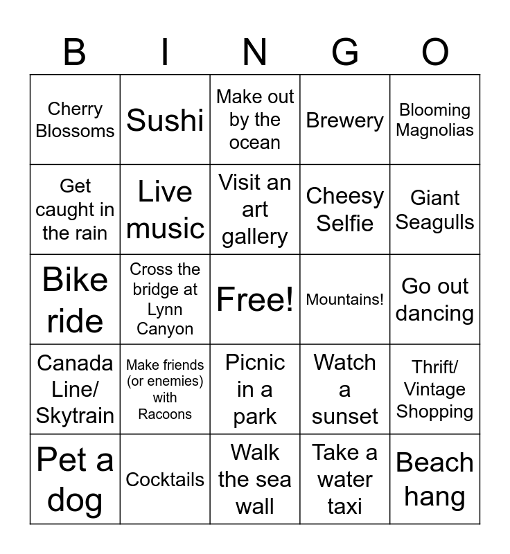 Rox & Maikel Vancouver Adventure Bingo Card