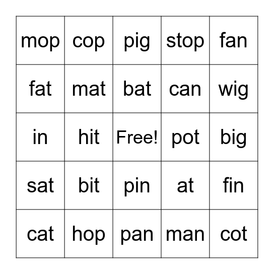 Word Families Bingo Card