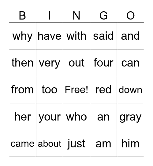 Sight Word Bingo Card