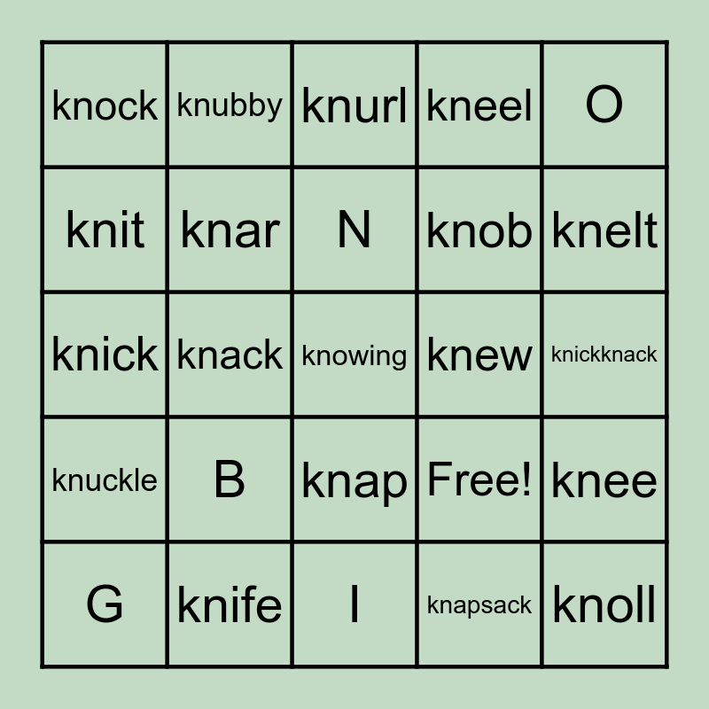 Consonant Digraph kn Bingo Card
