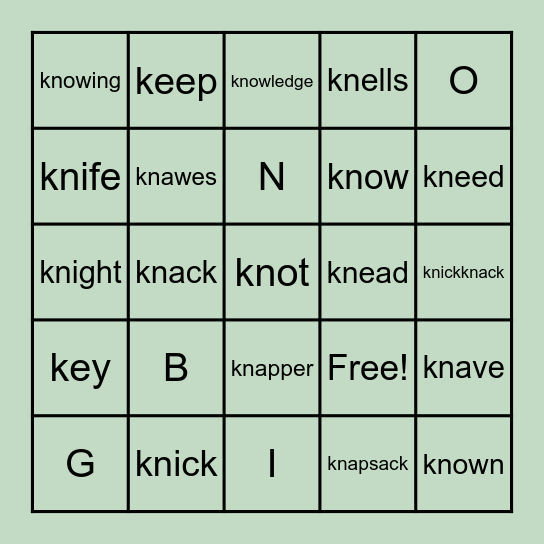 Consonant Digraph kn Bingo Card