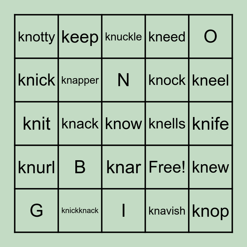 Consonant Digraph kn Bingo Card
