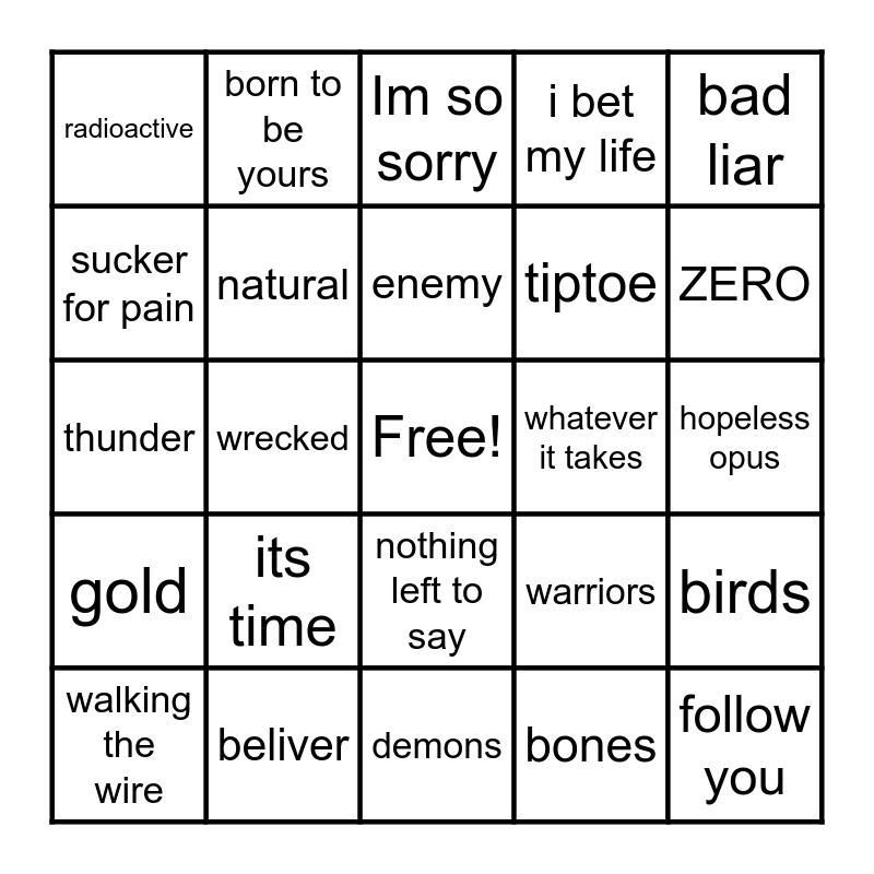 imagine dragons Bingo Card