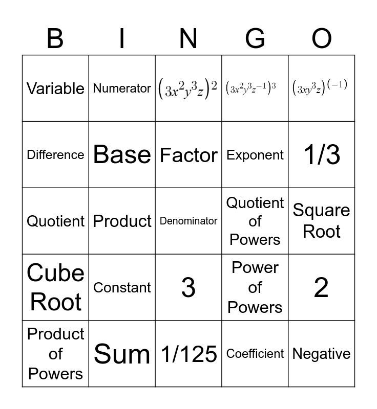 PG3 Math Exponents Bingo Card