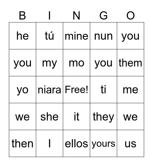 Champions Personal Pronouns Bingo Card