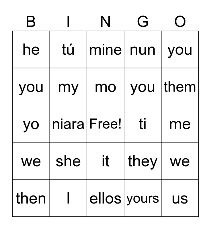 Champions Personal Pronouns Bingo Card
