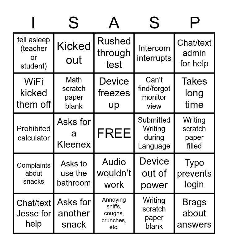ISASP Bingo Card