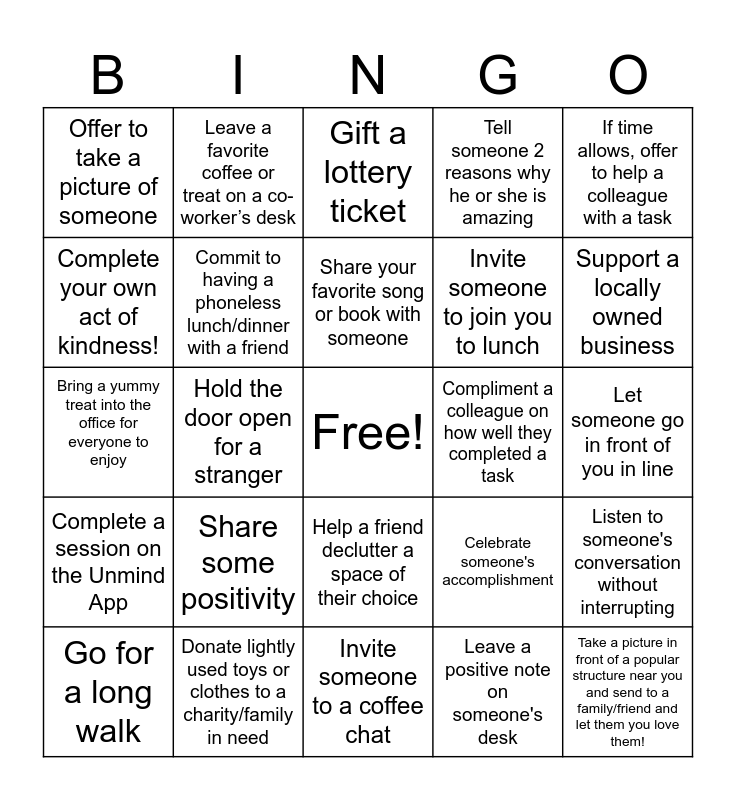 Random Acts of Kindness Bingo Card