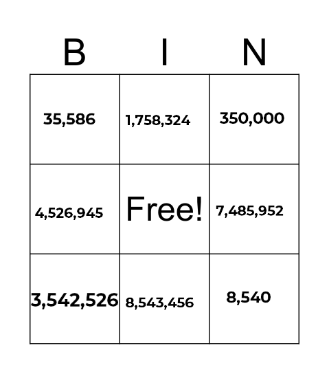Large Numbers Bingo Card