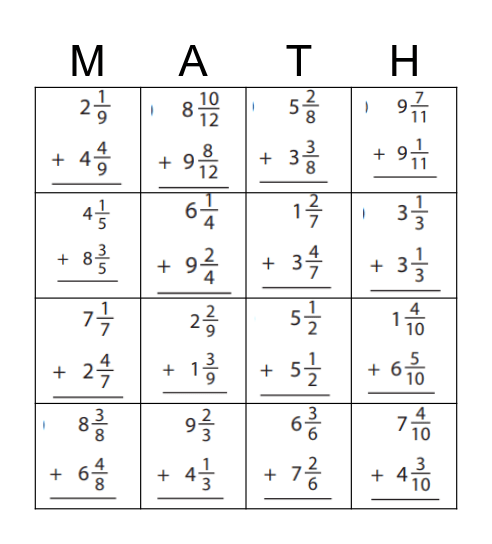 Adding Mixed Numbers Bingo Card