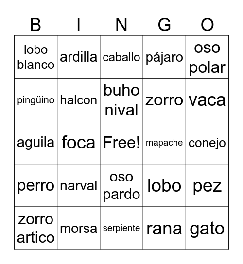 Los Animales Bingo Card