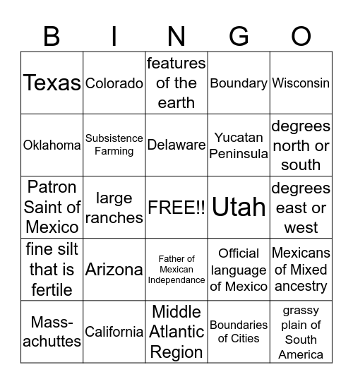 Social Studies Bingo Cards