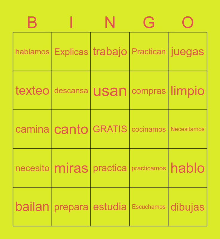 Present tense AR verb Bingo Card