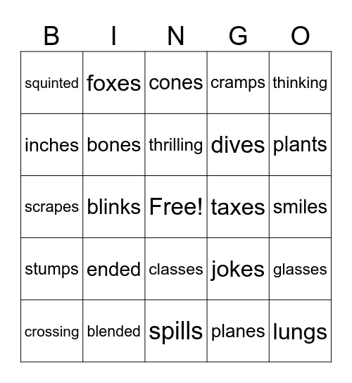 Suffix -s, -es, -ed, -ing Bingo Card