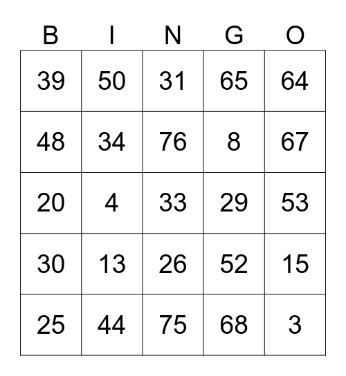 Number Bingo 1-76 Bingo Card