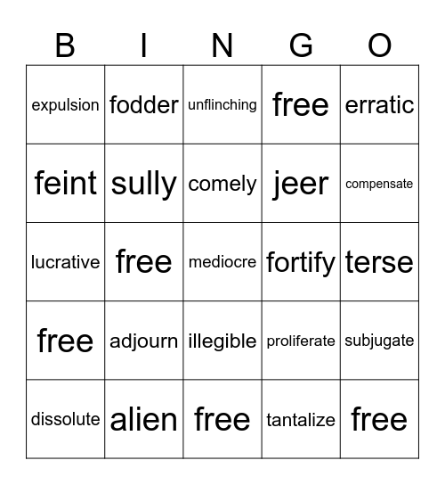 Unit 2 vocabulary Bingo Card